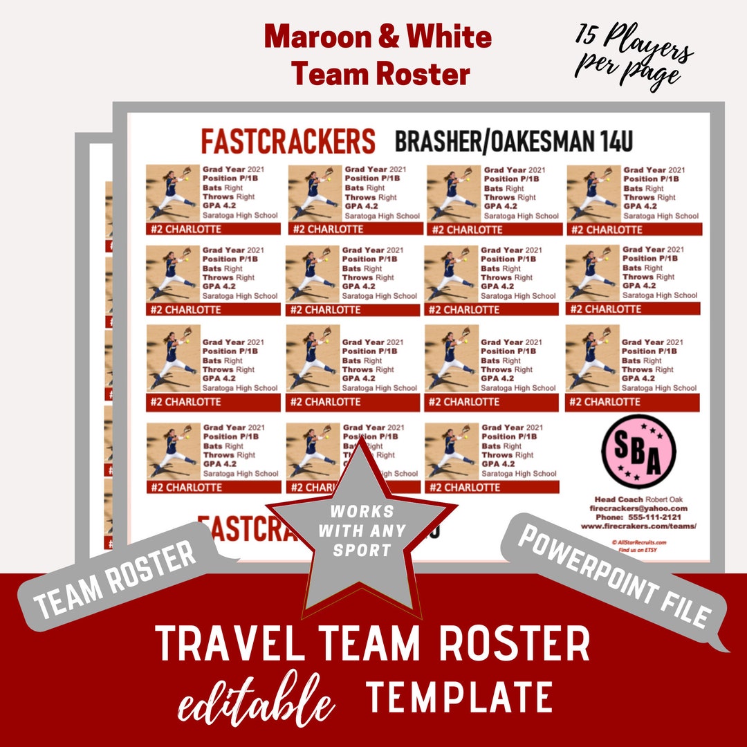 Travel Team Roster Template - Maroon & White - 15 Players - Etsy