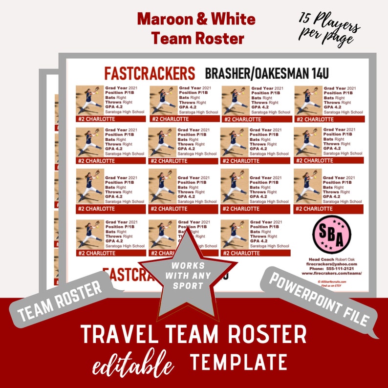 Travel Team Roster Template - Maroon & White - 15 Players - Etsy