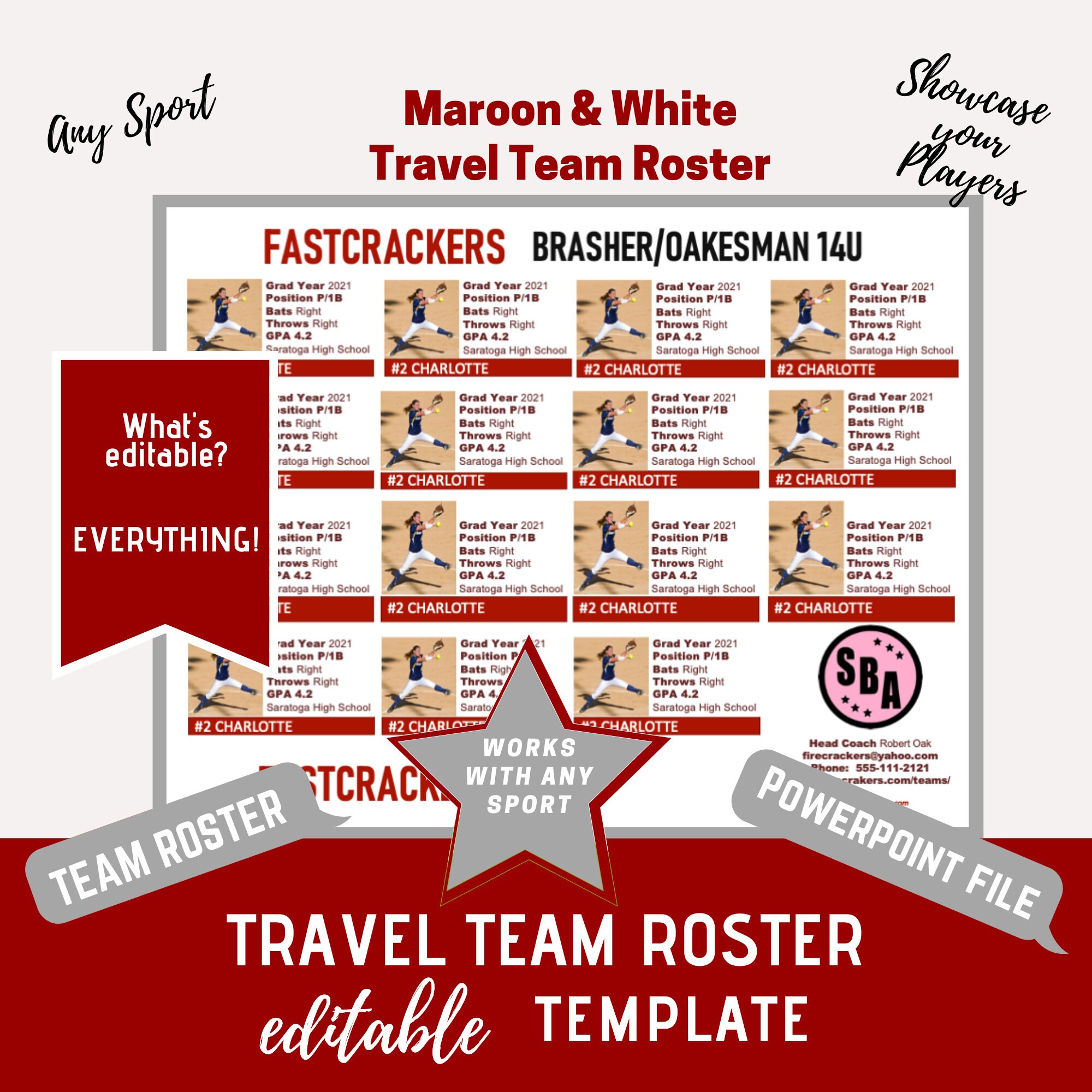 Travel Team Roster Template - Maroon & White - 15 Players - Etsy