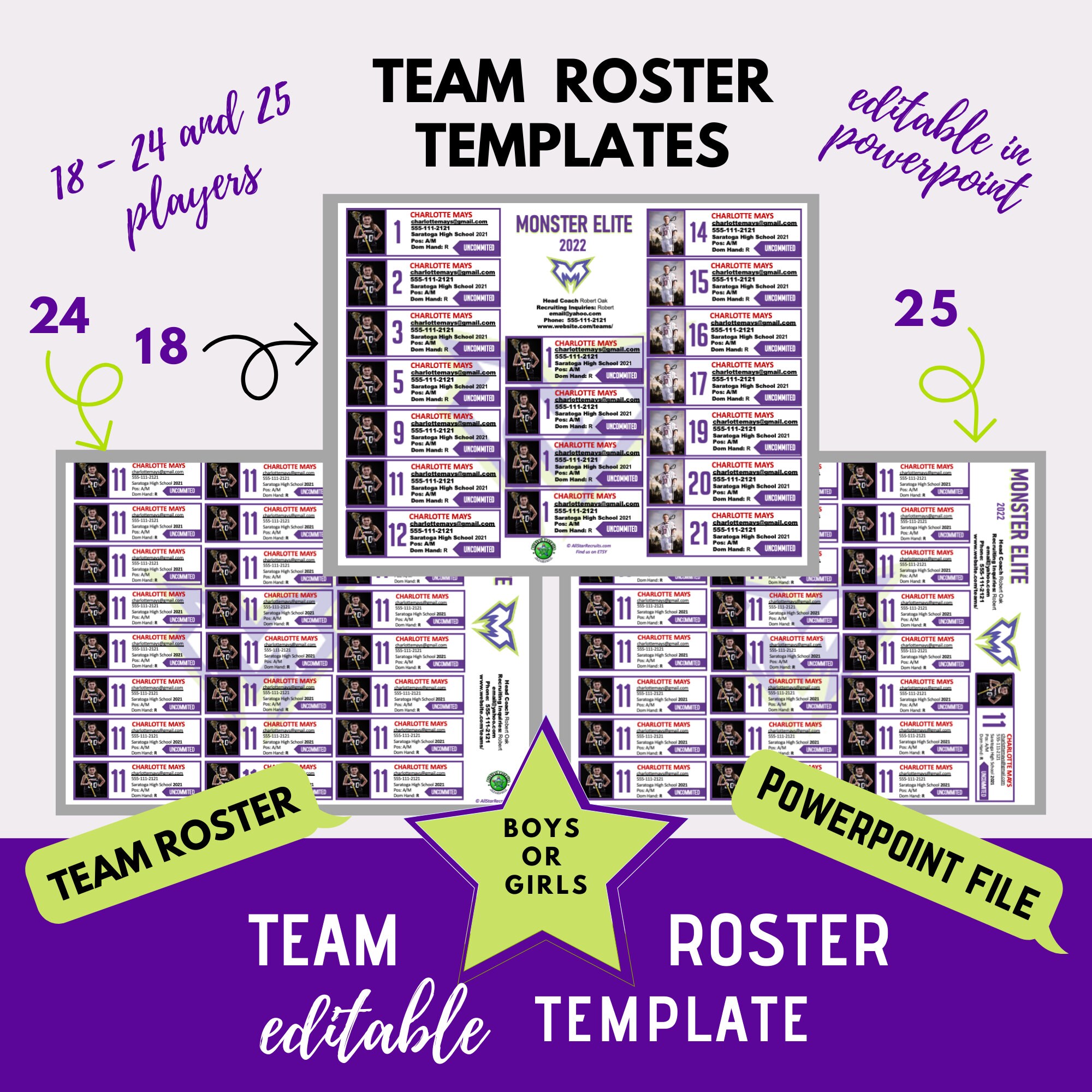 Purple & Green Team Roster Template - 3 Pack - 18, 24 and 25 Players - Etsy