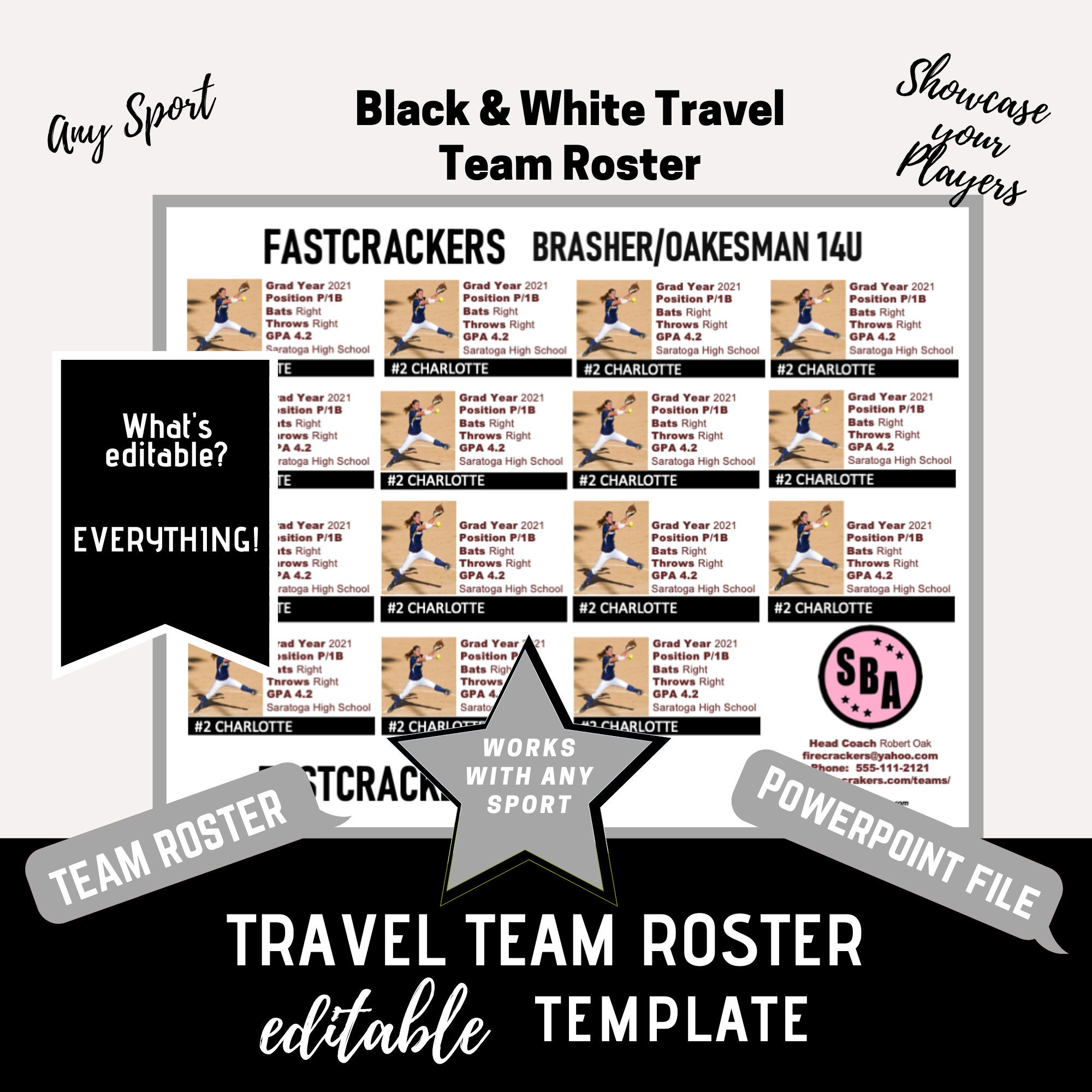 Travel Team Roster Template - Black & White - 15 Players - Etsy