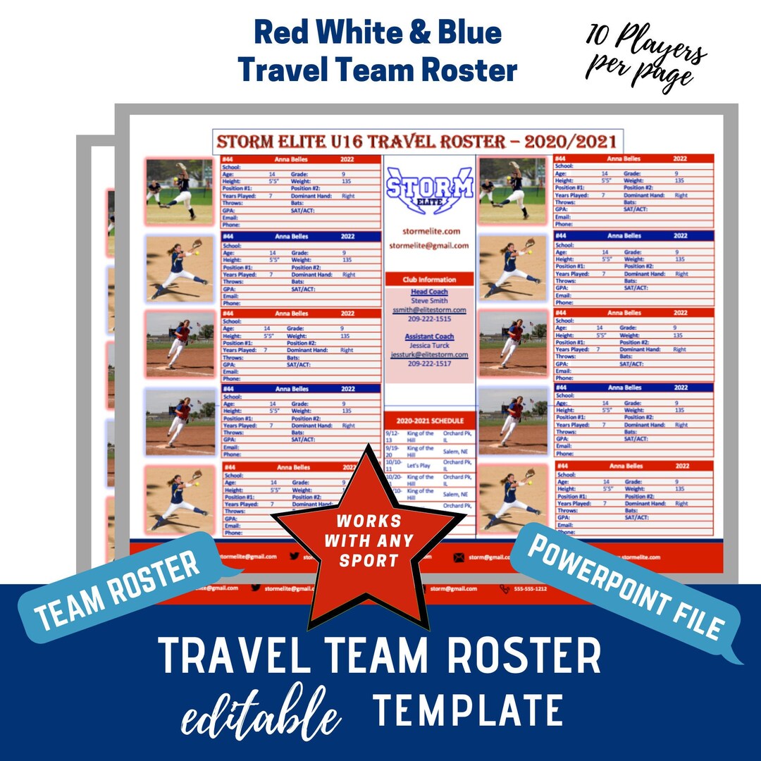 Travel Team Roster Template - Red White & Blue - 10 Players per Page ...