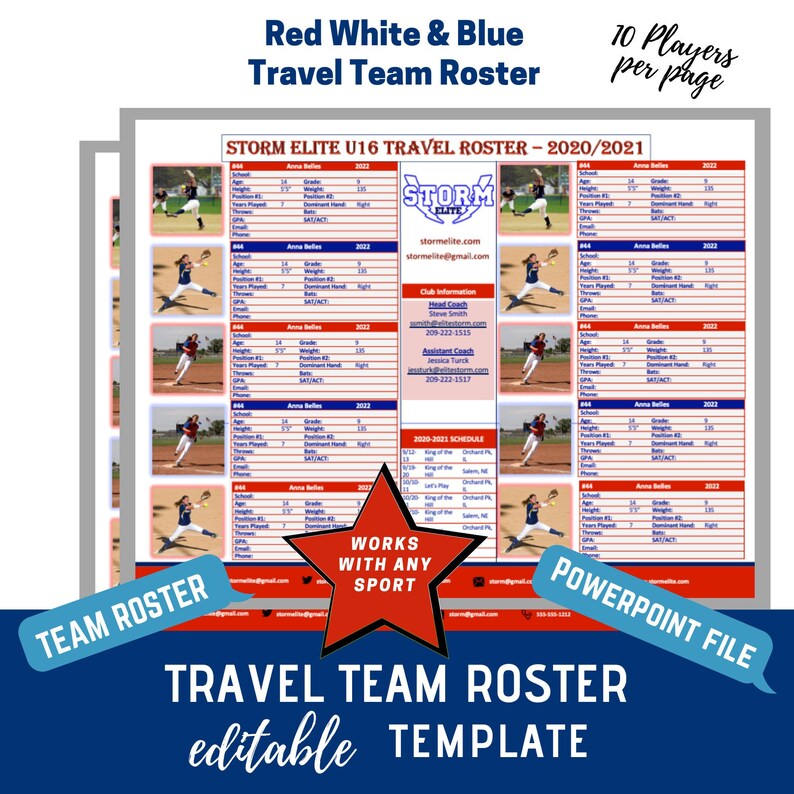 Travel Team Roster Template - Red White & Blue - 10 Players per Page ...