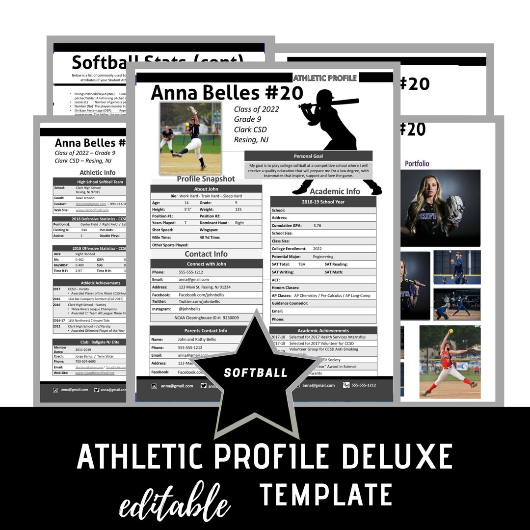 Softball - Athletic Profile Deluxe Template - Black & White - Etsy