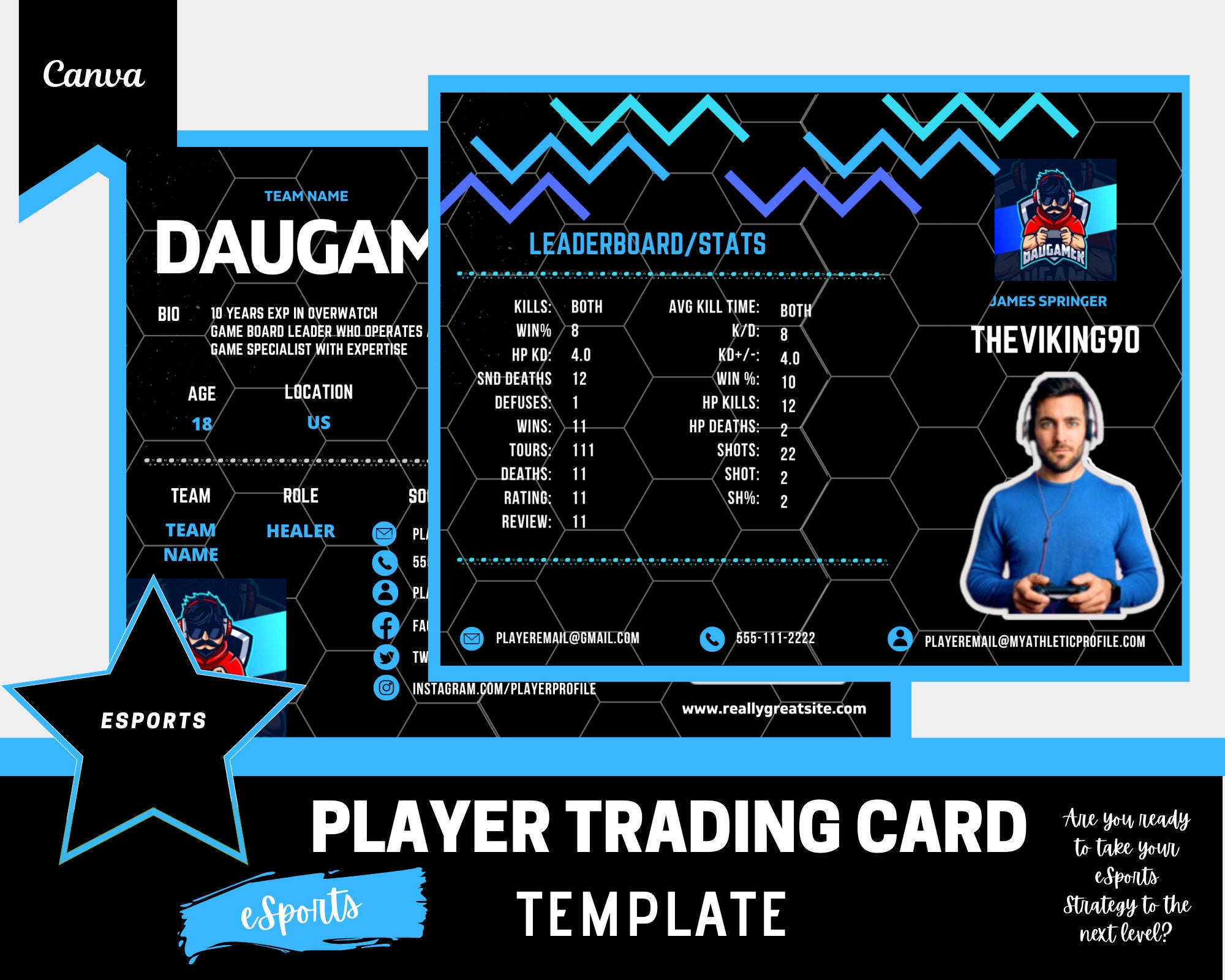 Player Card - Esports Player Card Template - Black & Blue - Any Color ...