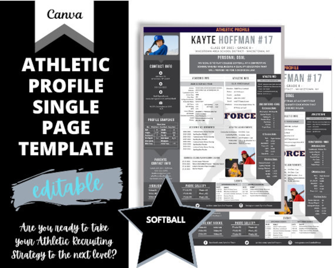 Softball Athletic Profile 1 Page Template Black Editable - Etsy