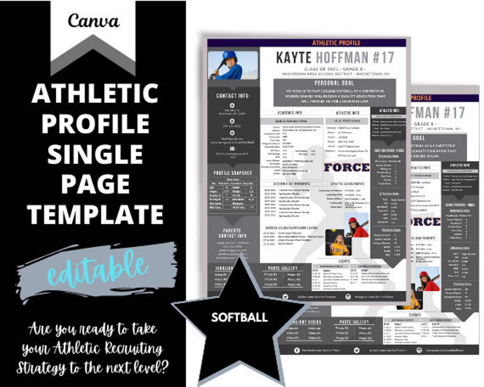 Softball Athletic Profile 1 Page Template Black Editable - Etsy