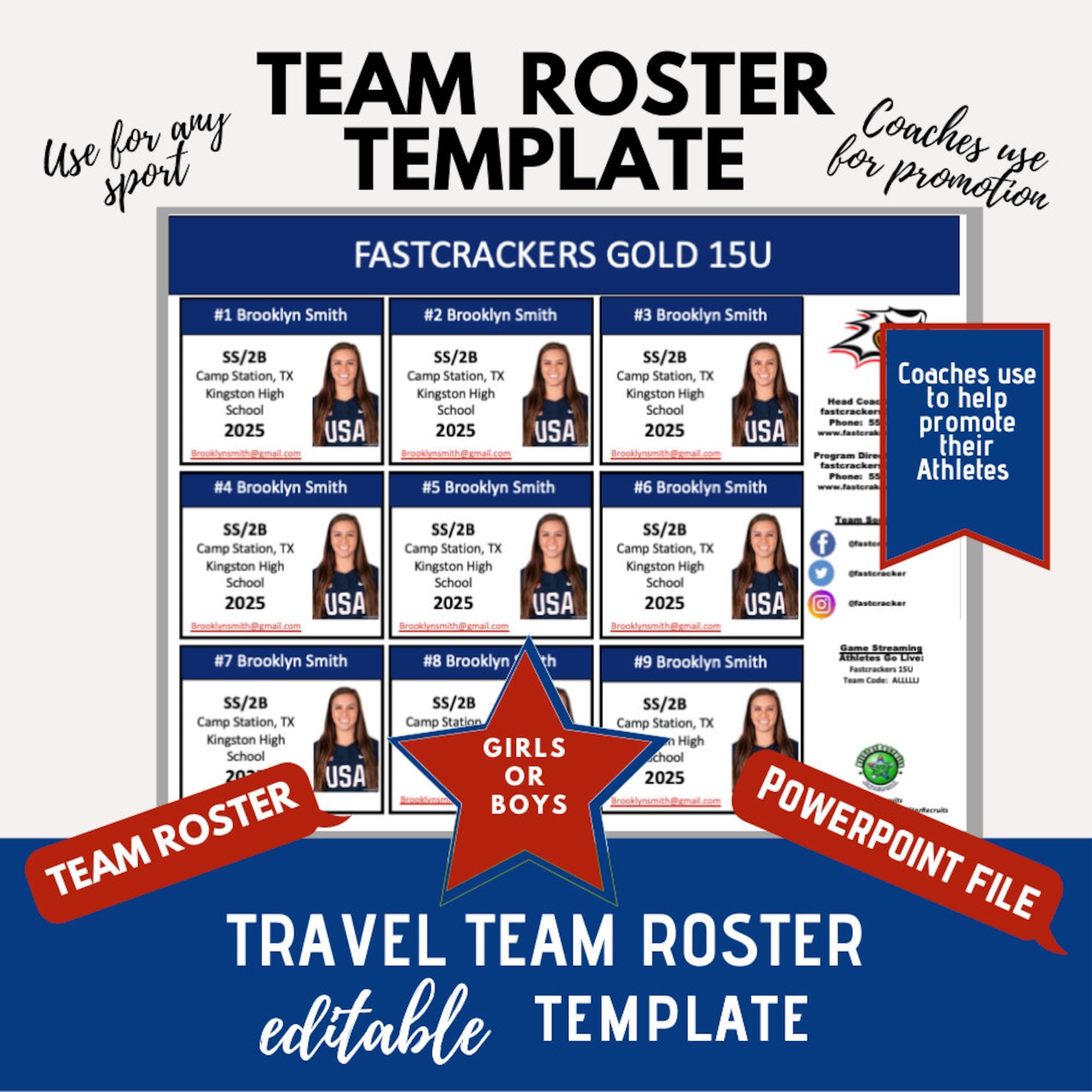 Travel Team Roster Template - Blue - 9 Players per Page | Powerpoint ...