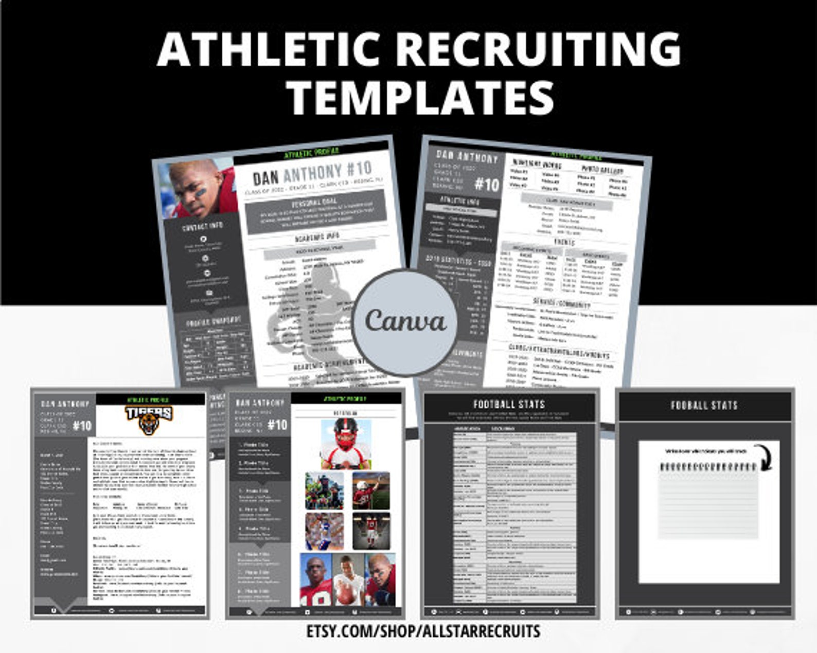 Football Athletic Profile Deluxe Template Black Editable Athletic ...