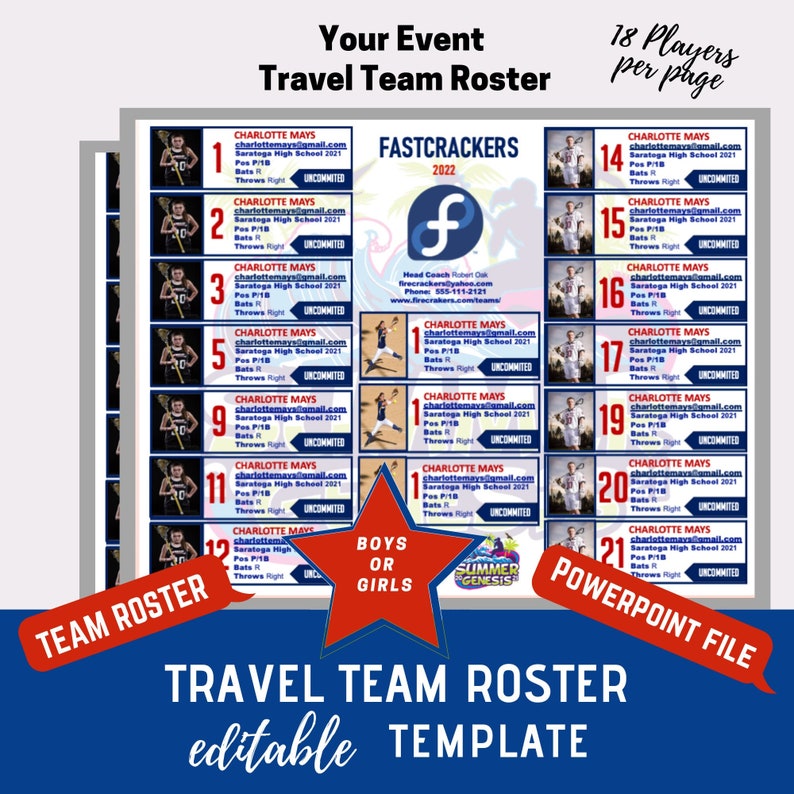YOUR EVENT Travel Team Roster Template - Red White & Blue - 18 Players ...