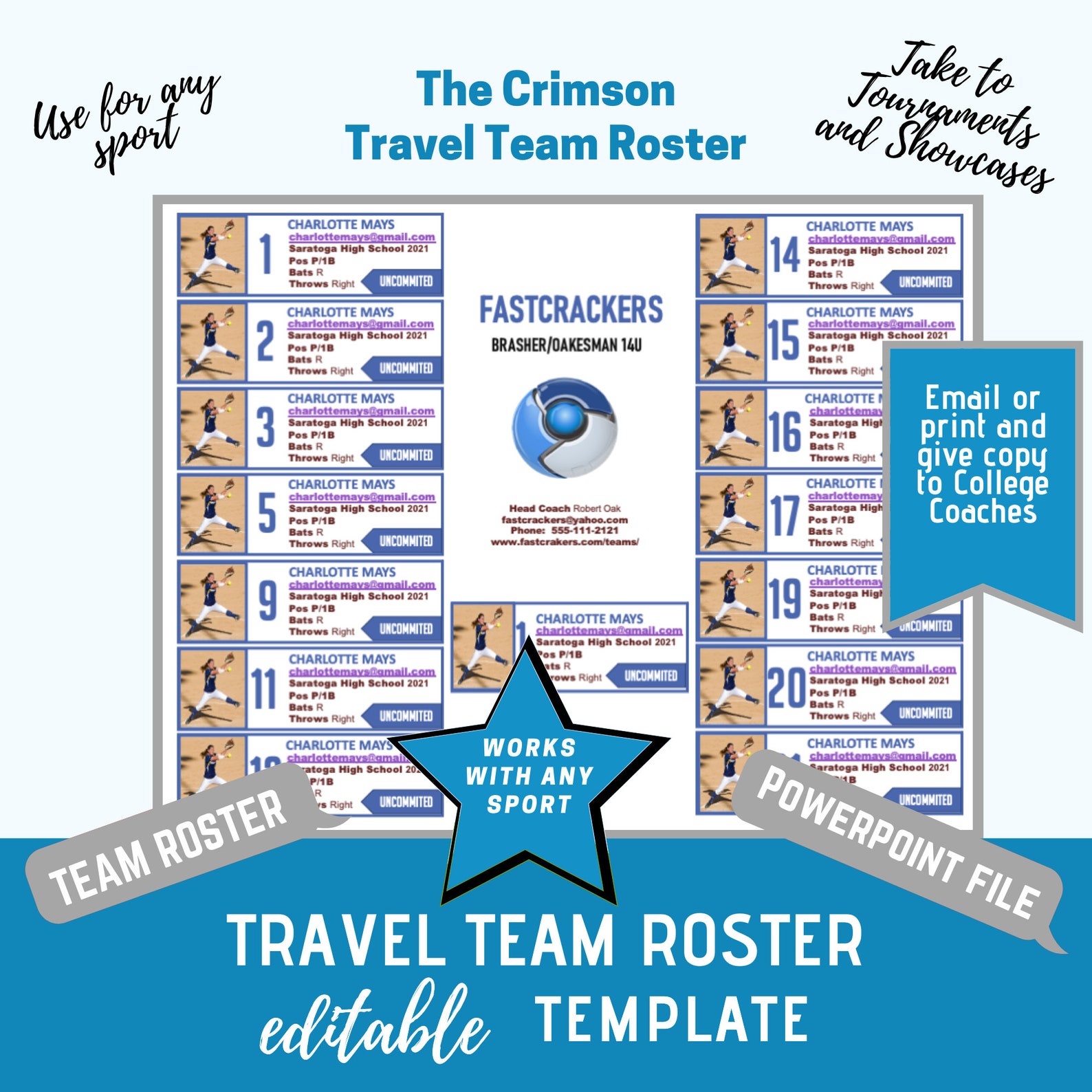 Travel Team Roster Template Bluejay 15 Players - Etsy
