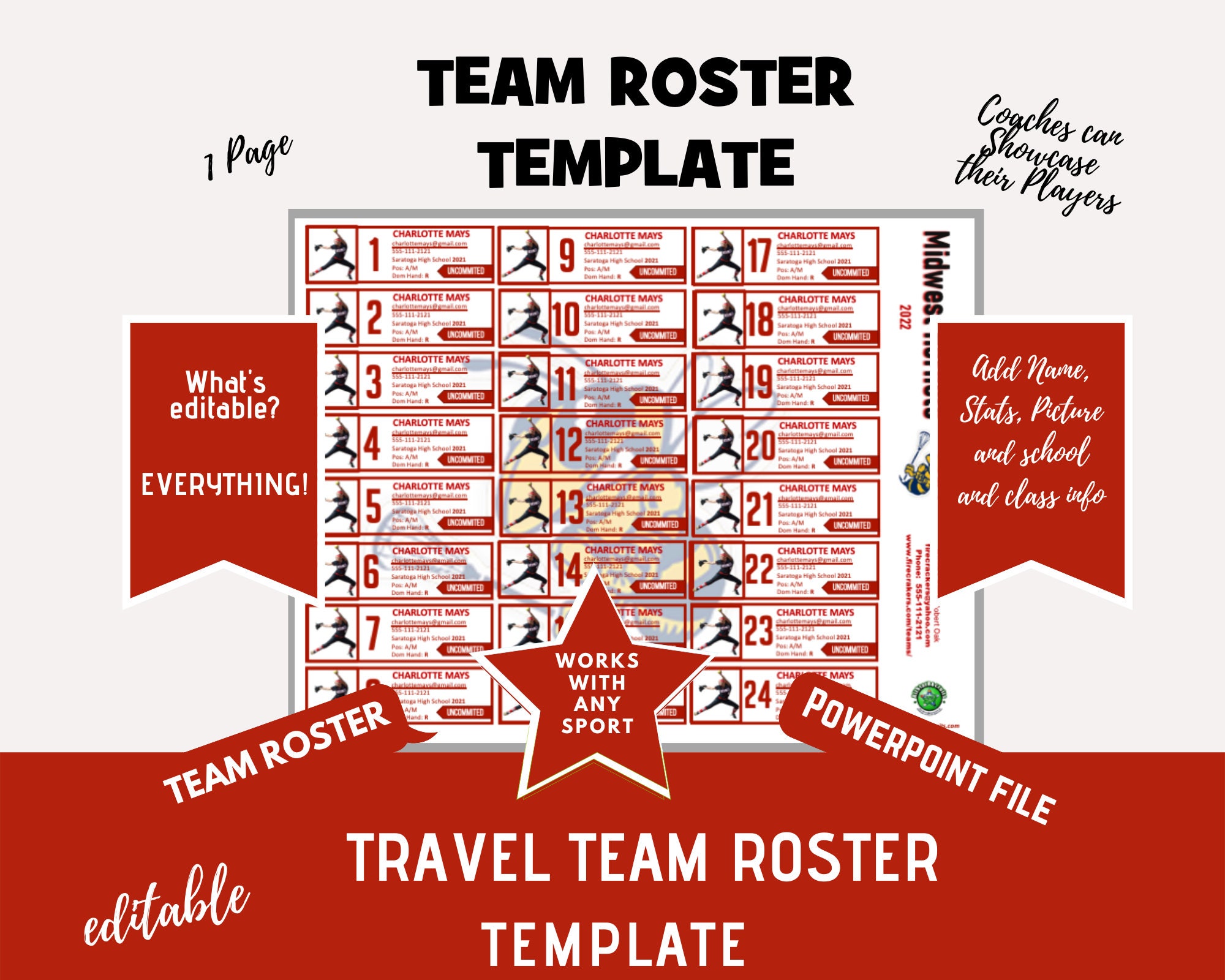 Travel Team Roster Template - Brickyard & White - 24 Players ...