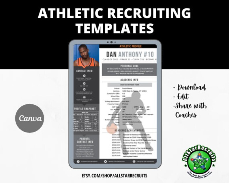 Basketball Athletic Profile Deluxe Template Black Editable Athletic ...