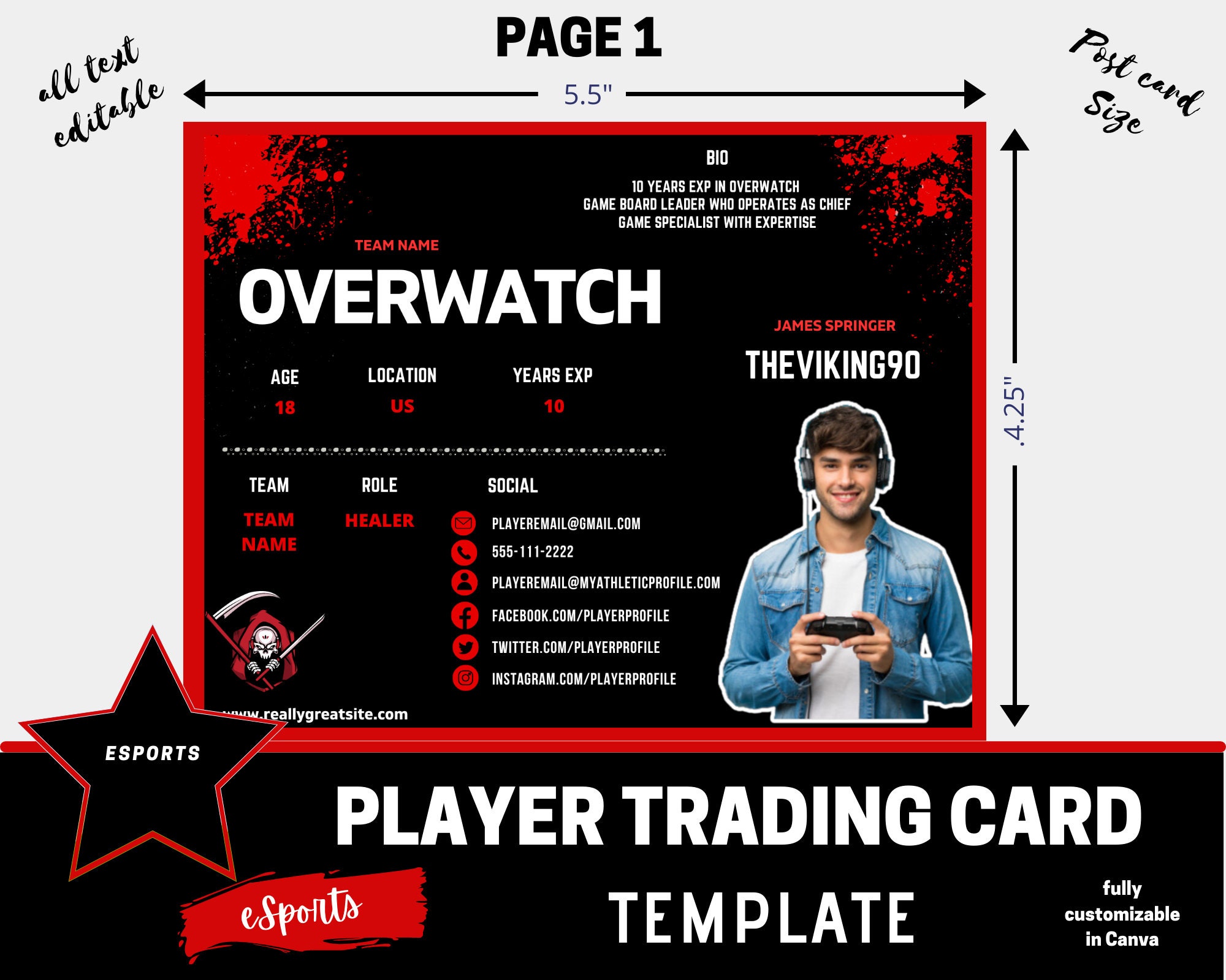 Player Card Esports Player Card Template Black & Red Any Color/esport 5 ...