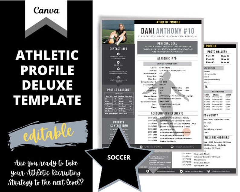 Soccer - Athletic Profile Deluxe Template - Black | Editable Athletic ...