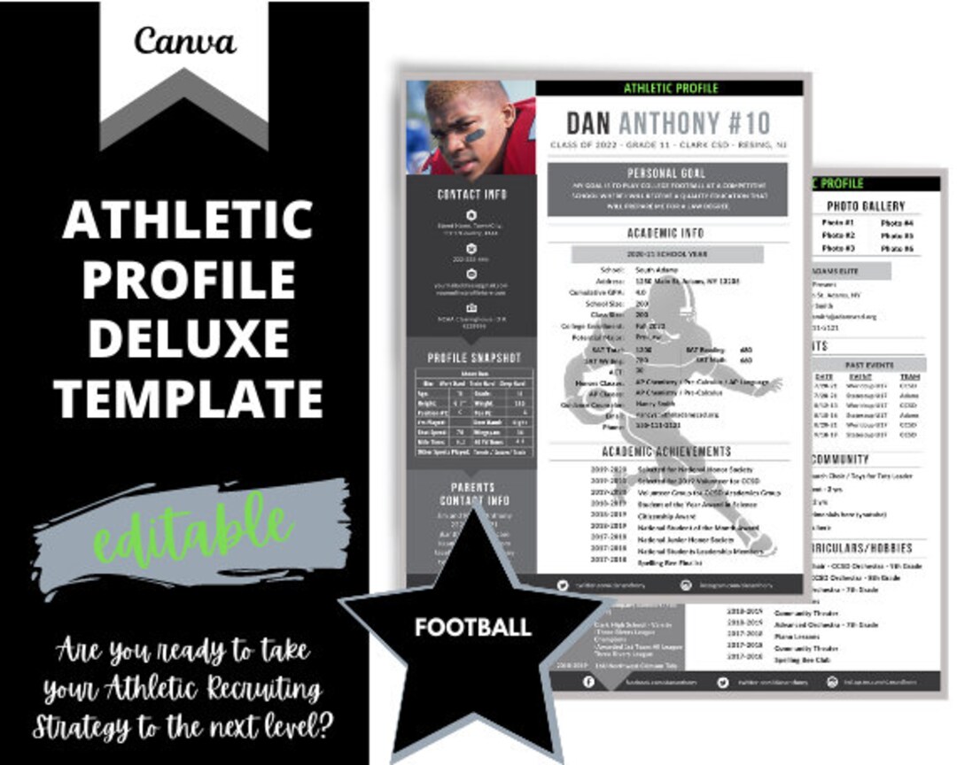 Football - Athletic Profile Deluxe Template - Black | Editable Athletic ...