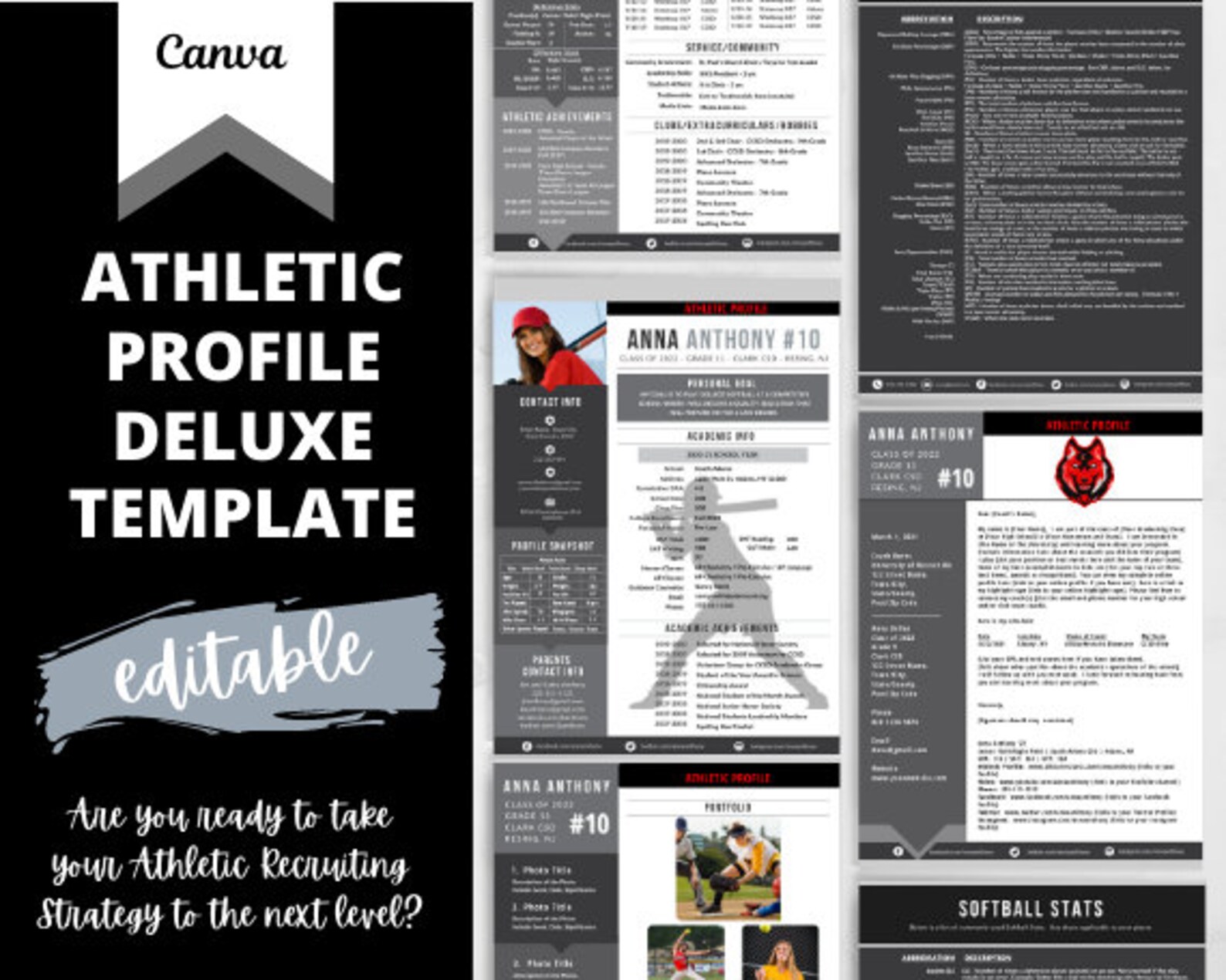 Softball - Athletic Profile Deluxe Template - Black | Editable Athletic ...