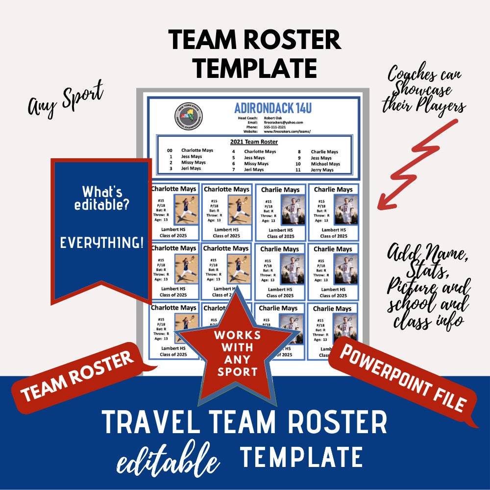 Travel Team Roster Template Red White & Blue Deluxe 12 Players - Etsy