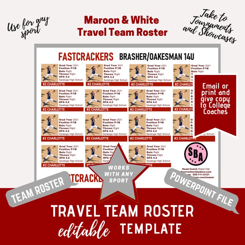 Travel Team Roster Template - Maroon & White - 15 Players - Etsy