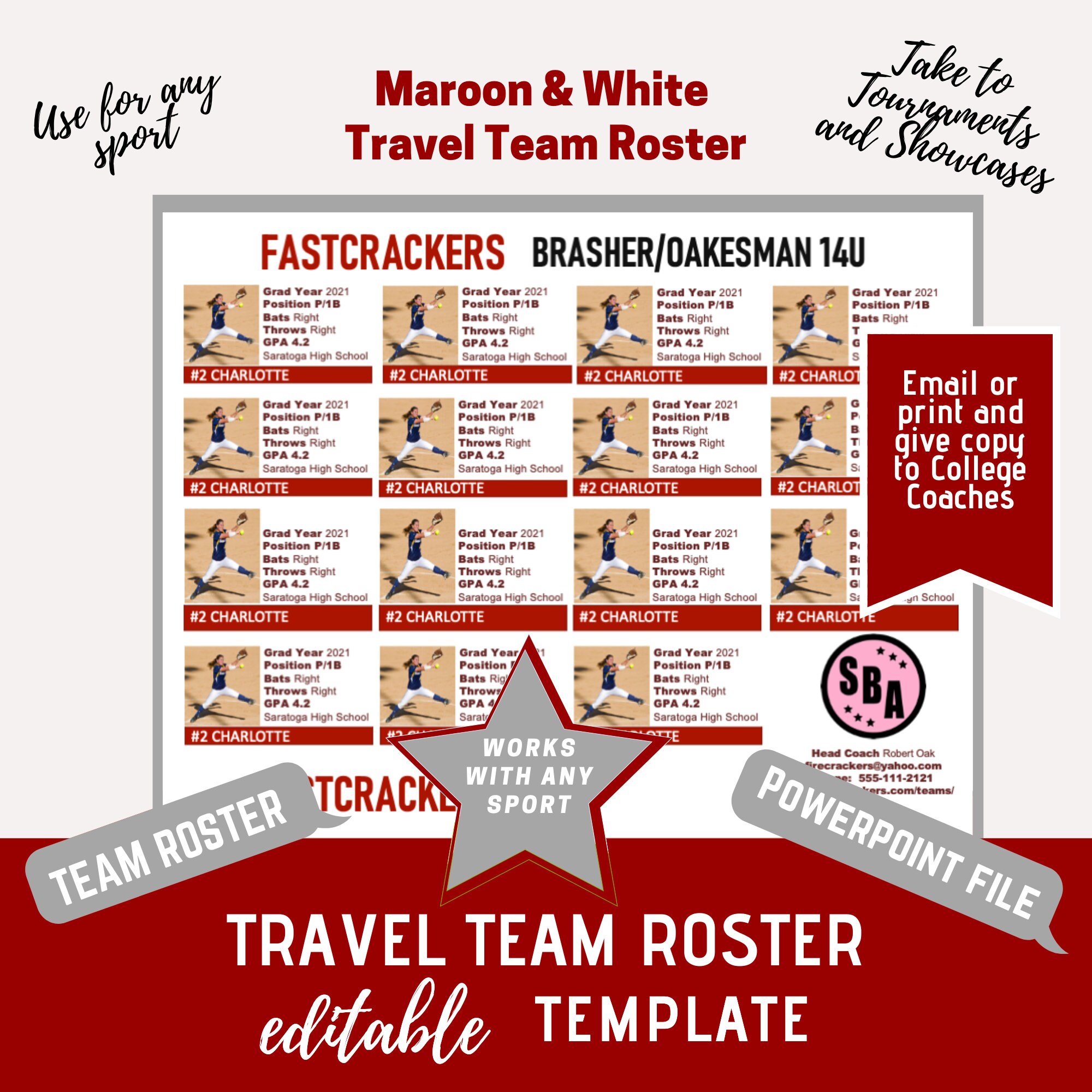 Travel Team Roster Template - Maroon & White - 15 Players - Etsy