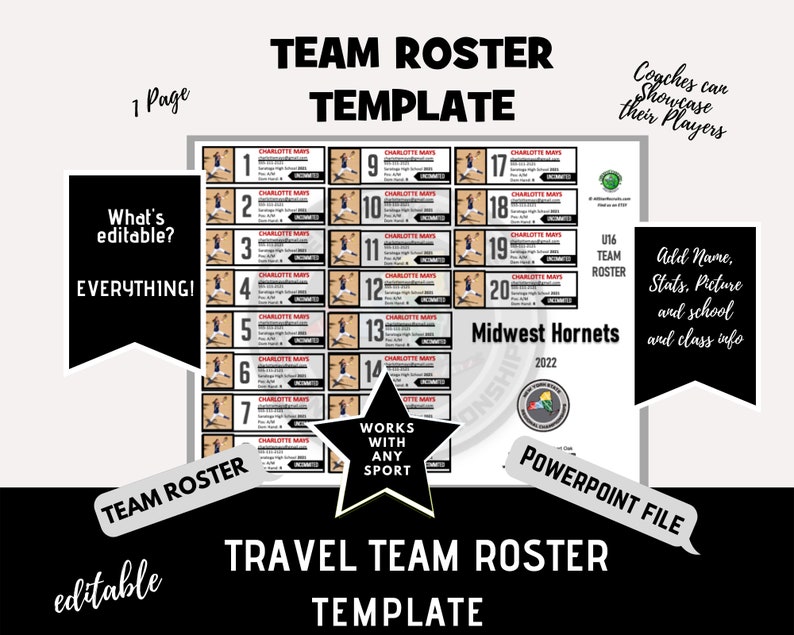 Travel Team Roster Template - Black & Grey - 20 Players per Page ...