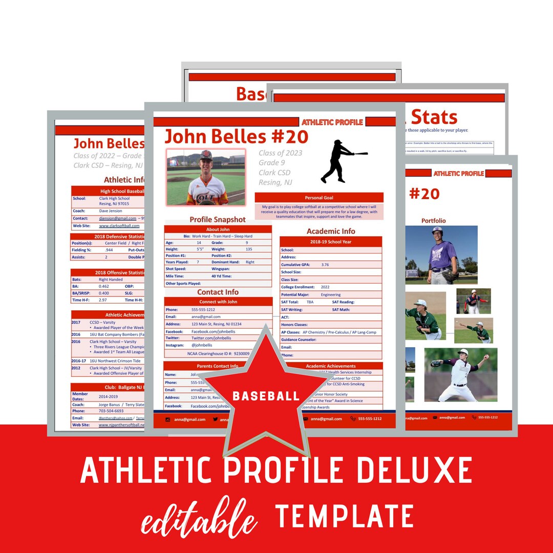 Baseball - Athletic Profile Deluxe Template - Red - Etsy