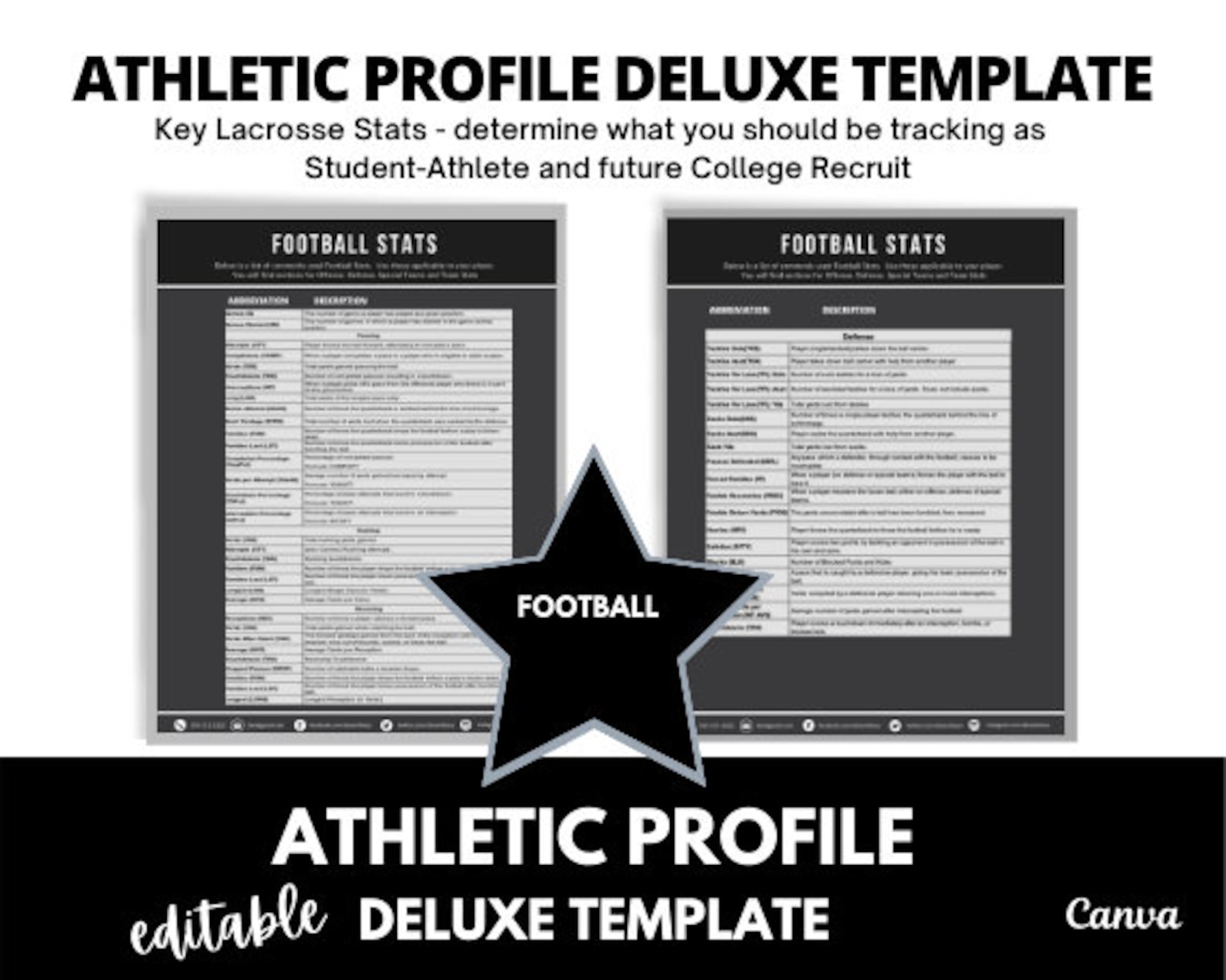 Football Athletic Profile Deluxe Template Black Editable Athletic ...