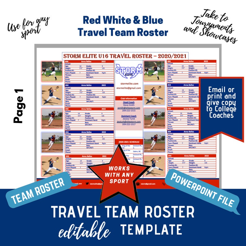 Travel Team Roster Template - Red White & Blue - 10 Players per Page ...