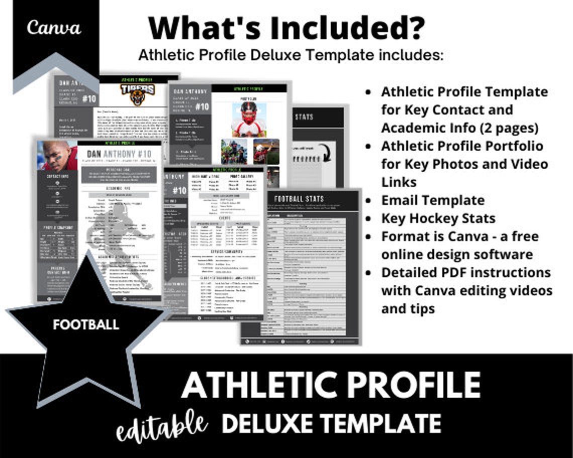 Football Athletic Profile Deluxe Template Black Editable Athletic ...