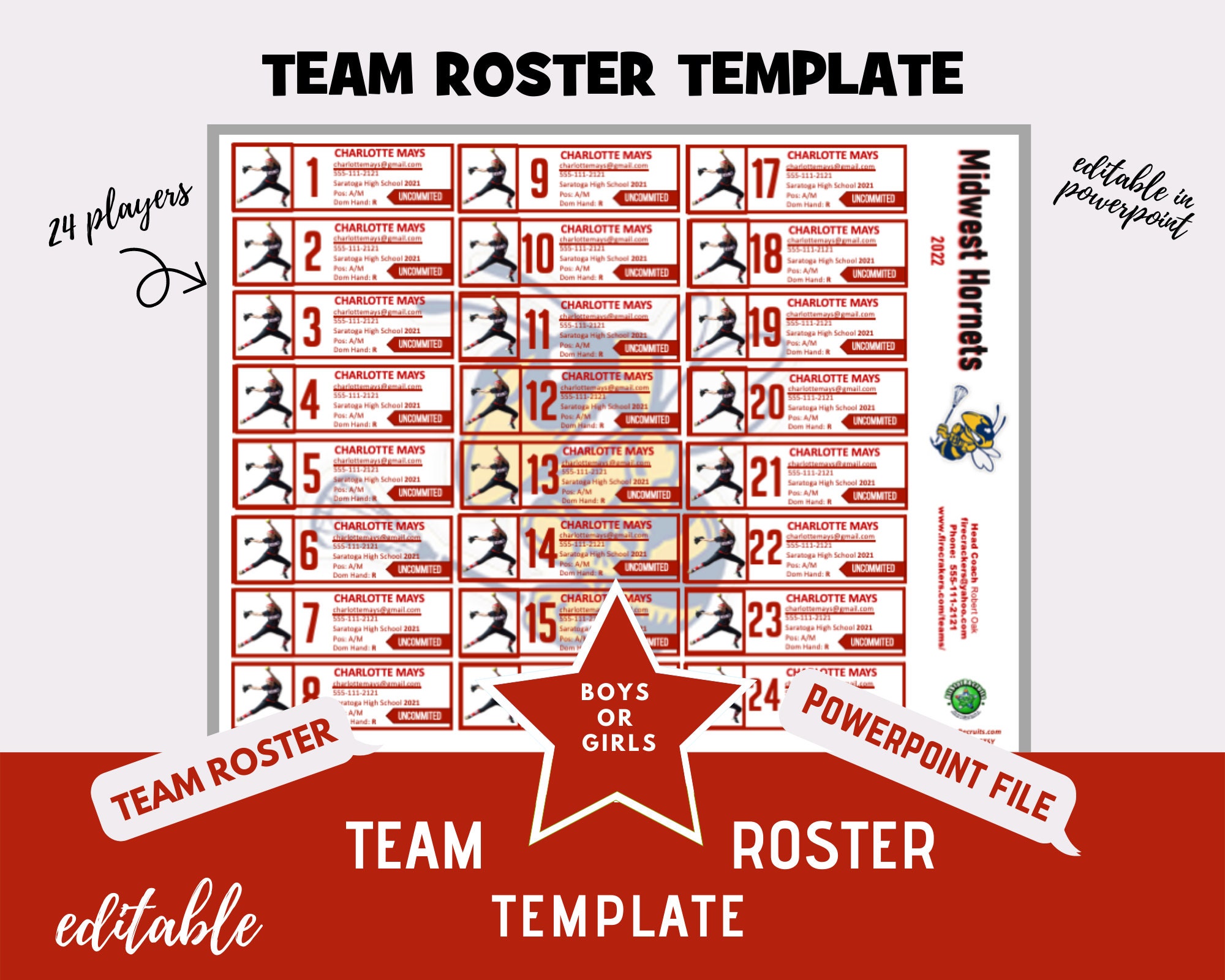 Travel Team Roster Template - Brickyard & White - 24 Players ...