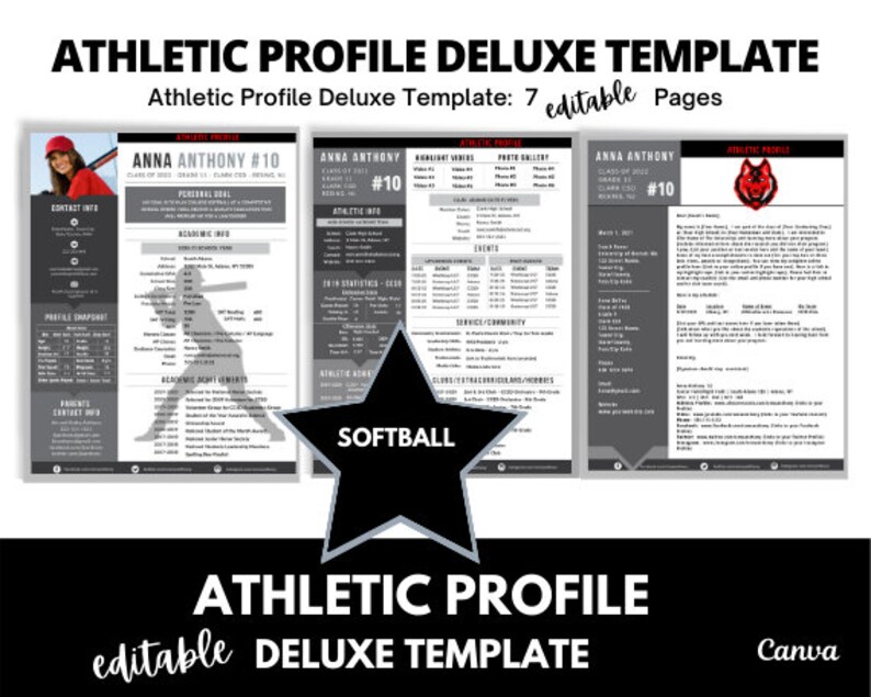 Softball - Athletic Profile Deluxe Template - Black | Editable Athletic ...