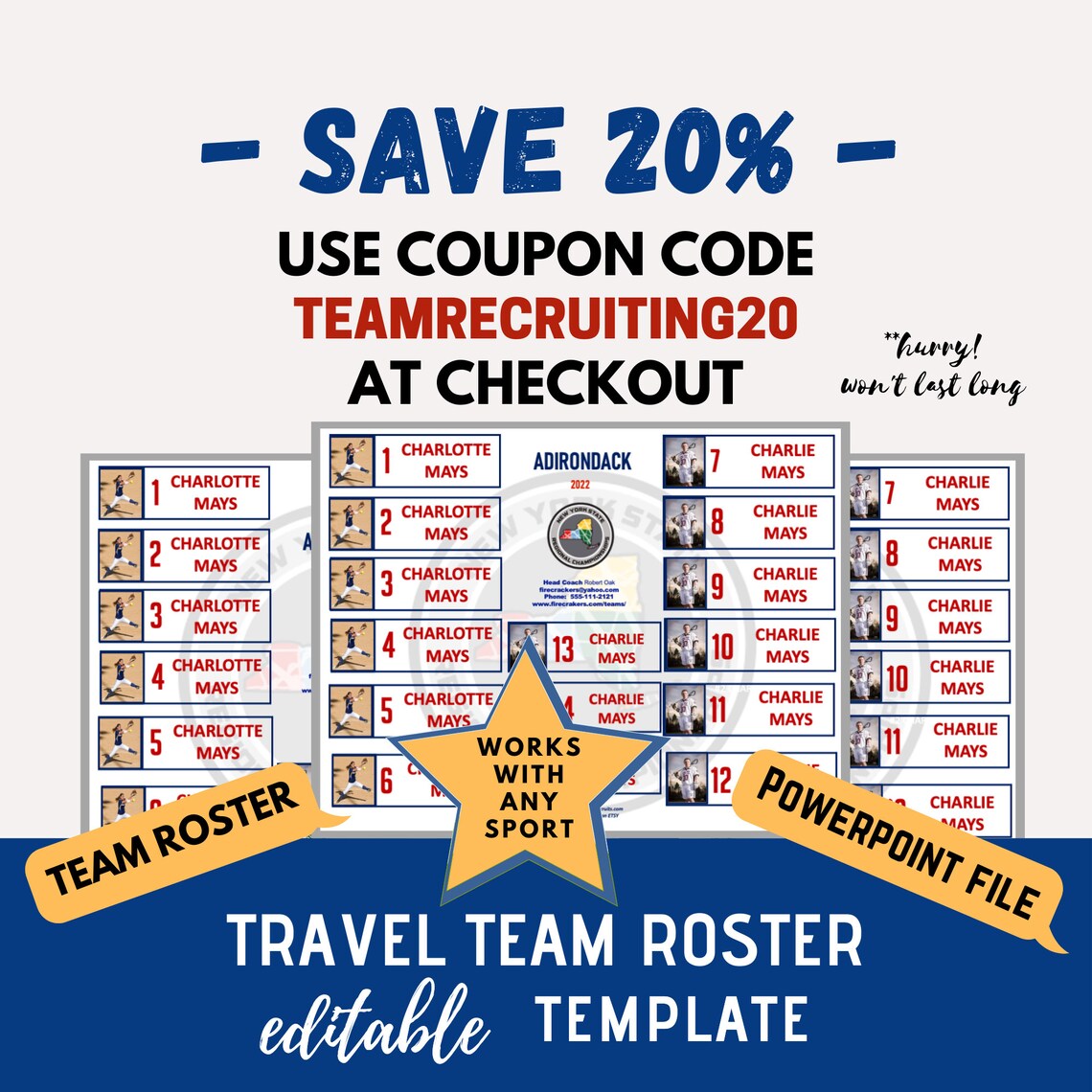 Travel Team Roster Template Red White & Blue 12, 13, 14 or 15 Players ...