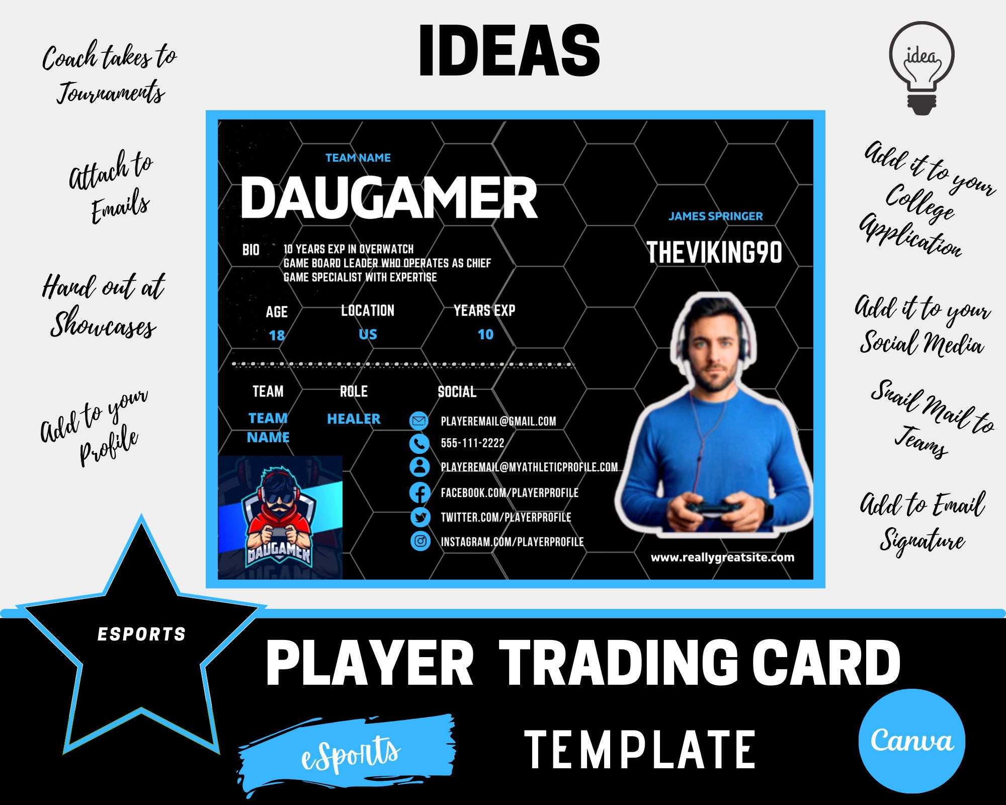Player Card - Esports Player Card Template - Black & Blue - Any Color ...