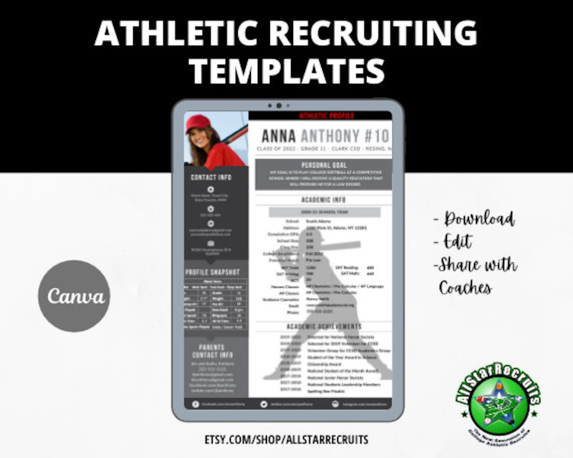 Softball - Athletic Profile Deluxe Template - Black | Editable Athletic ...