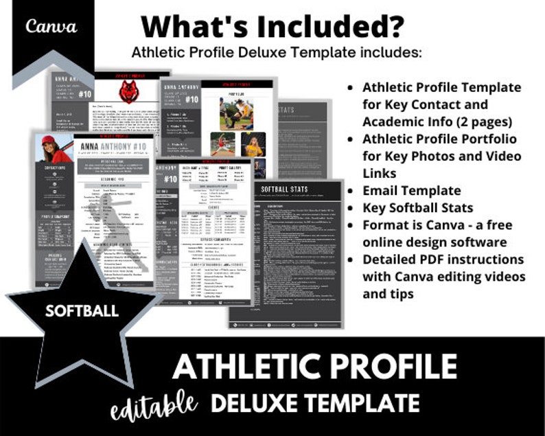 Softball - Athletic Profile Deluxe Template - Black | Editable Athletic ...