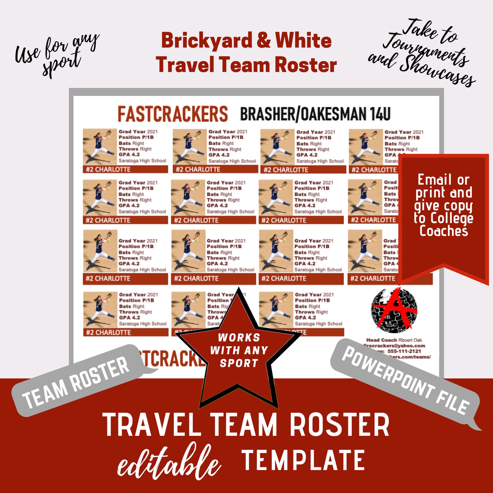 Travel Team Roster Template Brickyard & White 15 Players | Etsy