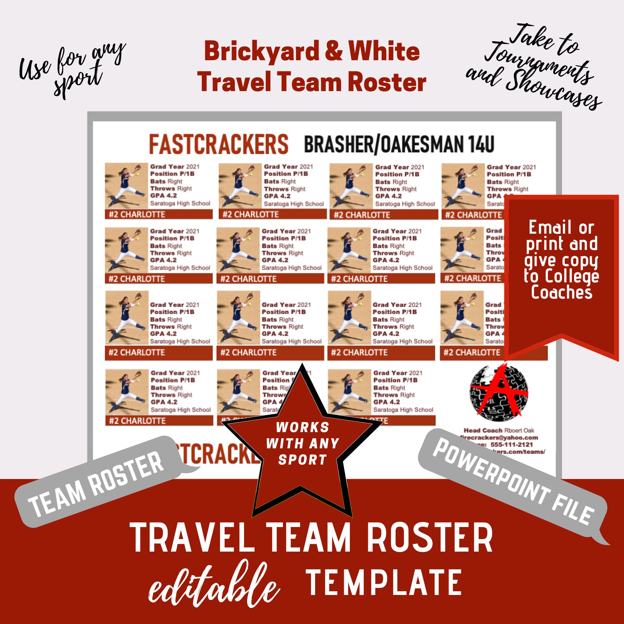 Travel Team Roster Template Brickyard & White 15 Players Powerpoint ...