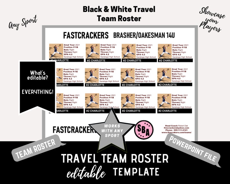Travel Team Roster Template - Black & White - 12 Players | Powerpoint ...