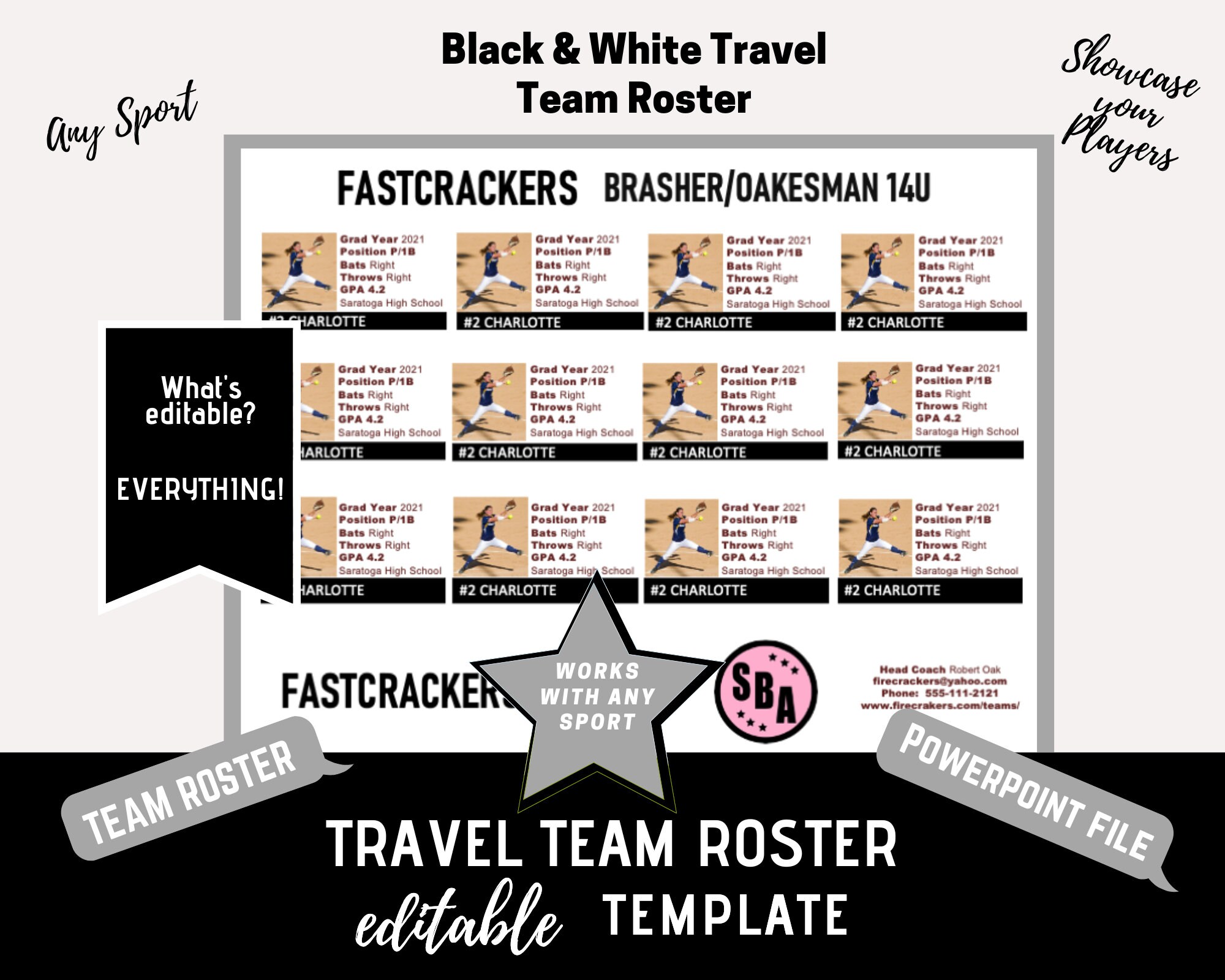 Travel Team Roster Template - Black & White - 12 Players | Powerpoint ...