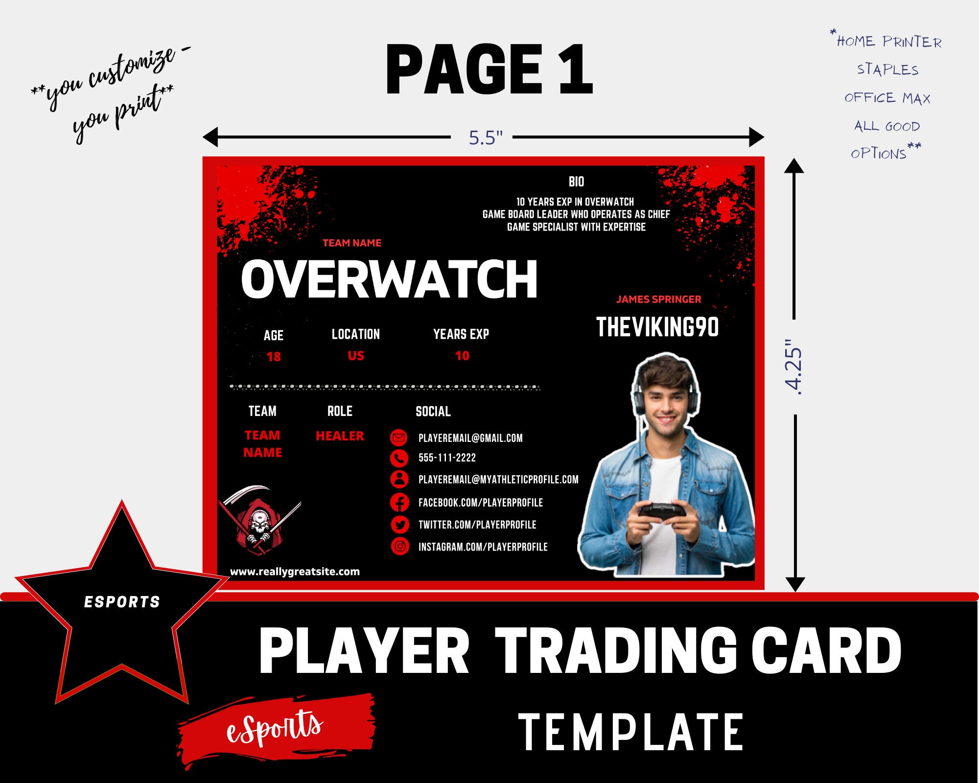 Player Card - Esports Player Card Template - Black & Red - Any Color ...
