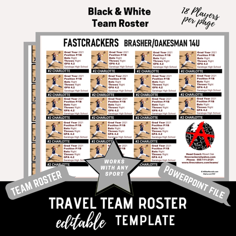 Travel Team Roster Template - Black & White - 18 Players - Etsy