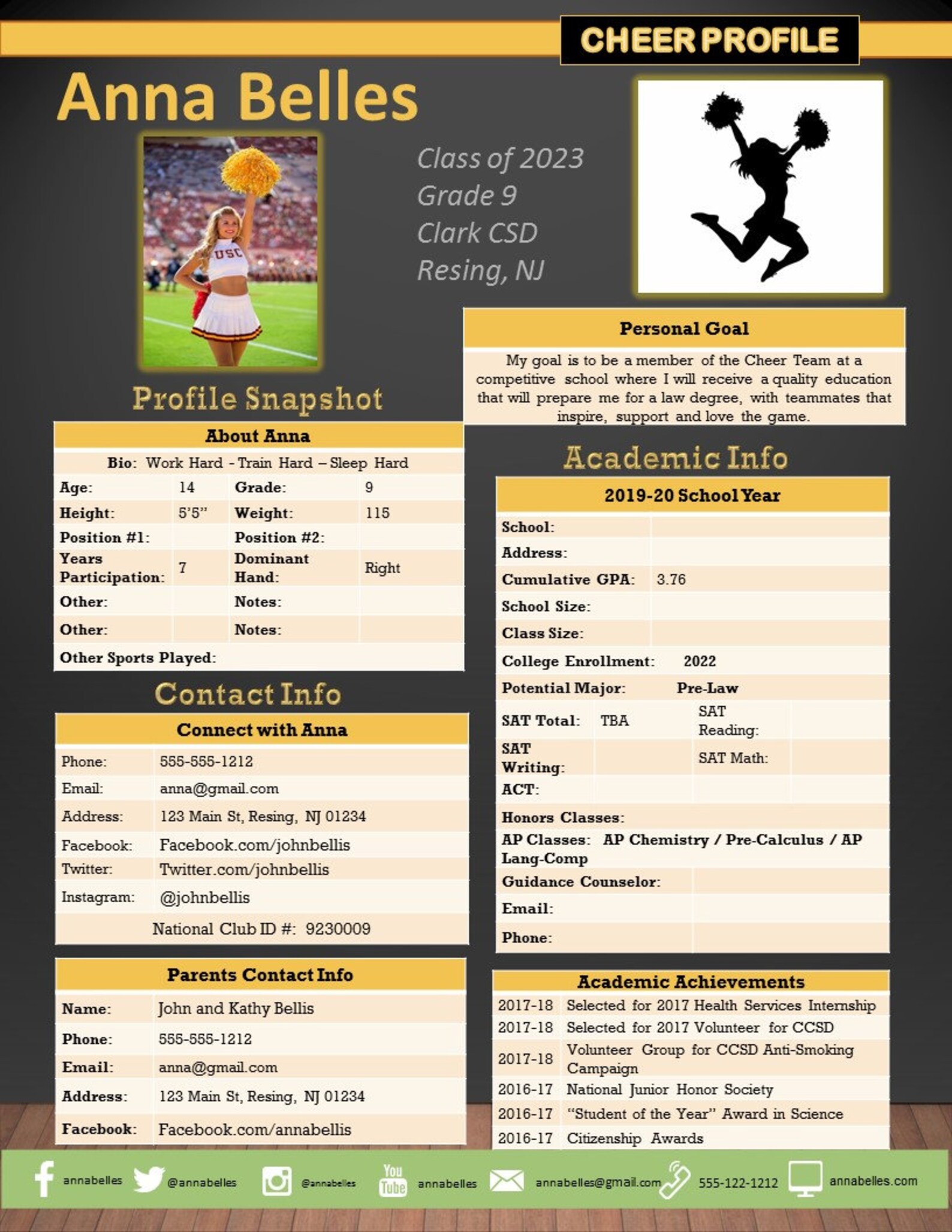 Cheer Profile Deluxe Template - Black & Gold - Etsy