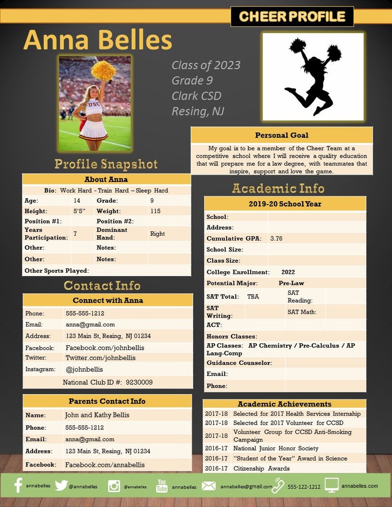 Cheer Profile Deluxe Template - Black & Gold - Etsy