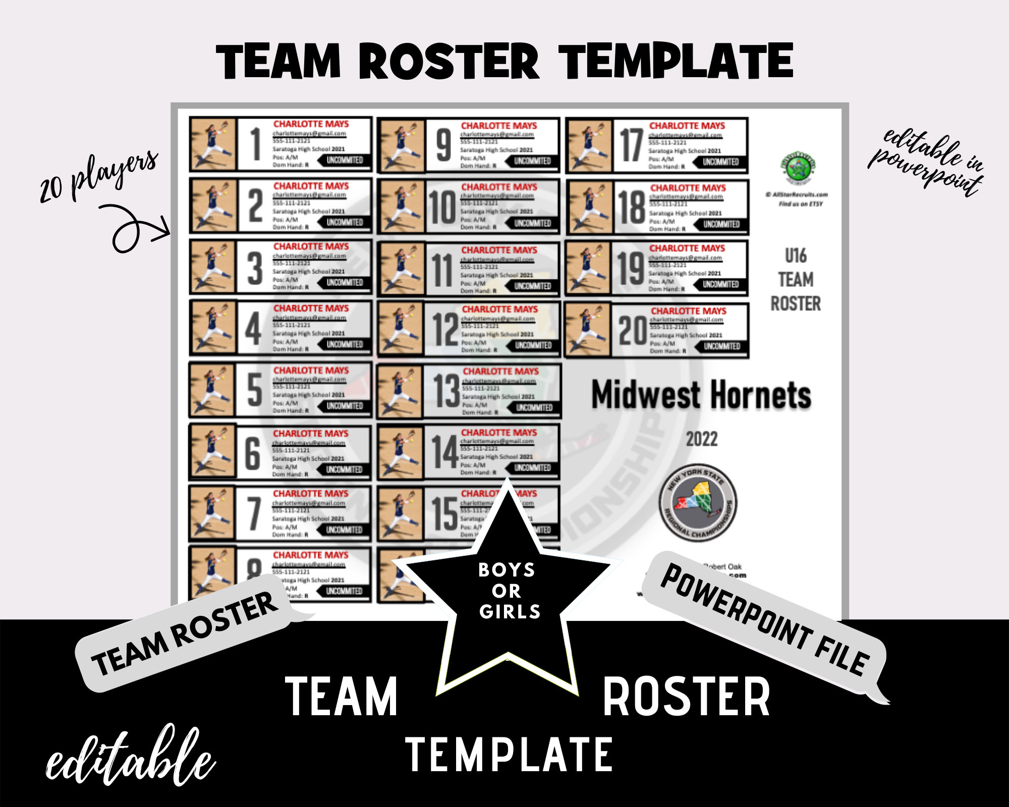 Travel Team Roster Template - Black & Grey - 20 Players per Page ...