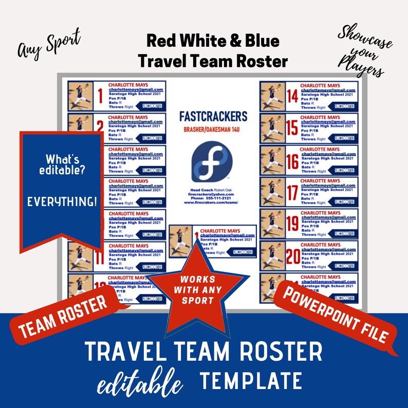 Travel Team Roster Template Red White & Blue 15 Players - Etsy