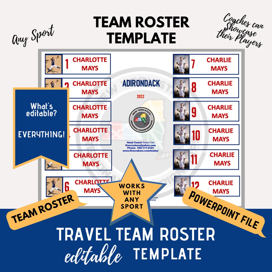 Travel Team Roster Template Red White & Blue 12, 13, 14 or 15 Players ...