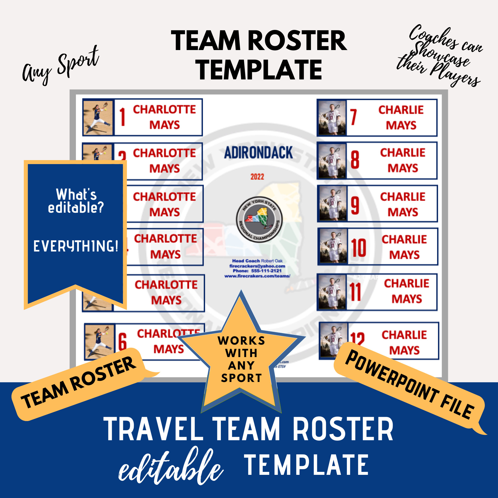 Travel Team Roster Template - Red White & Blue - 12, 13, 14 or 15 ...