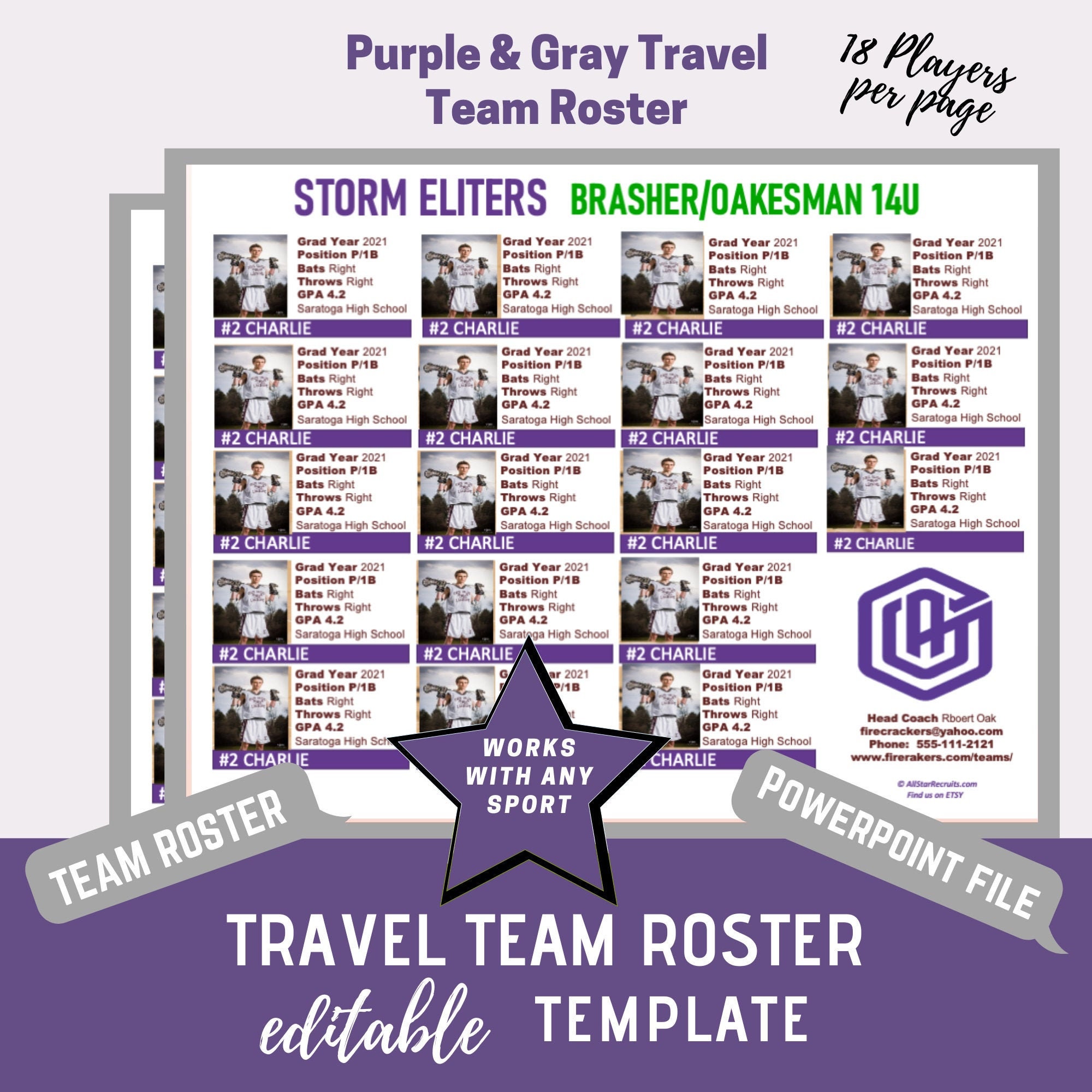 Travel Team Roster Template - Purple & Grey - 18 Players per Page ...