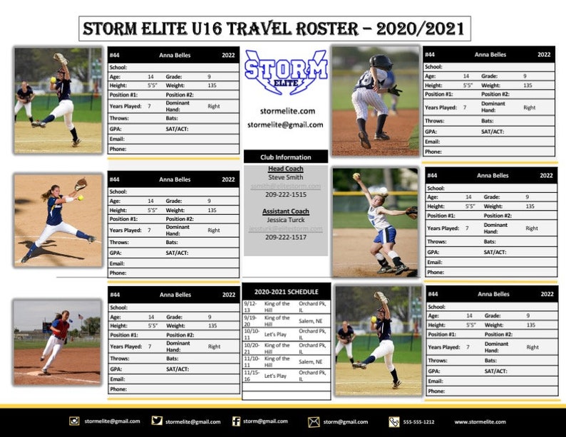 Travel Team Roster Template - Black & Gold - 6 Players per Page - Etsy ...
