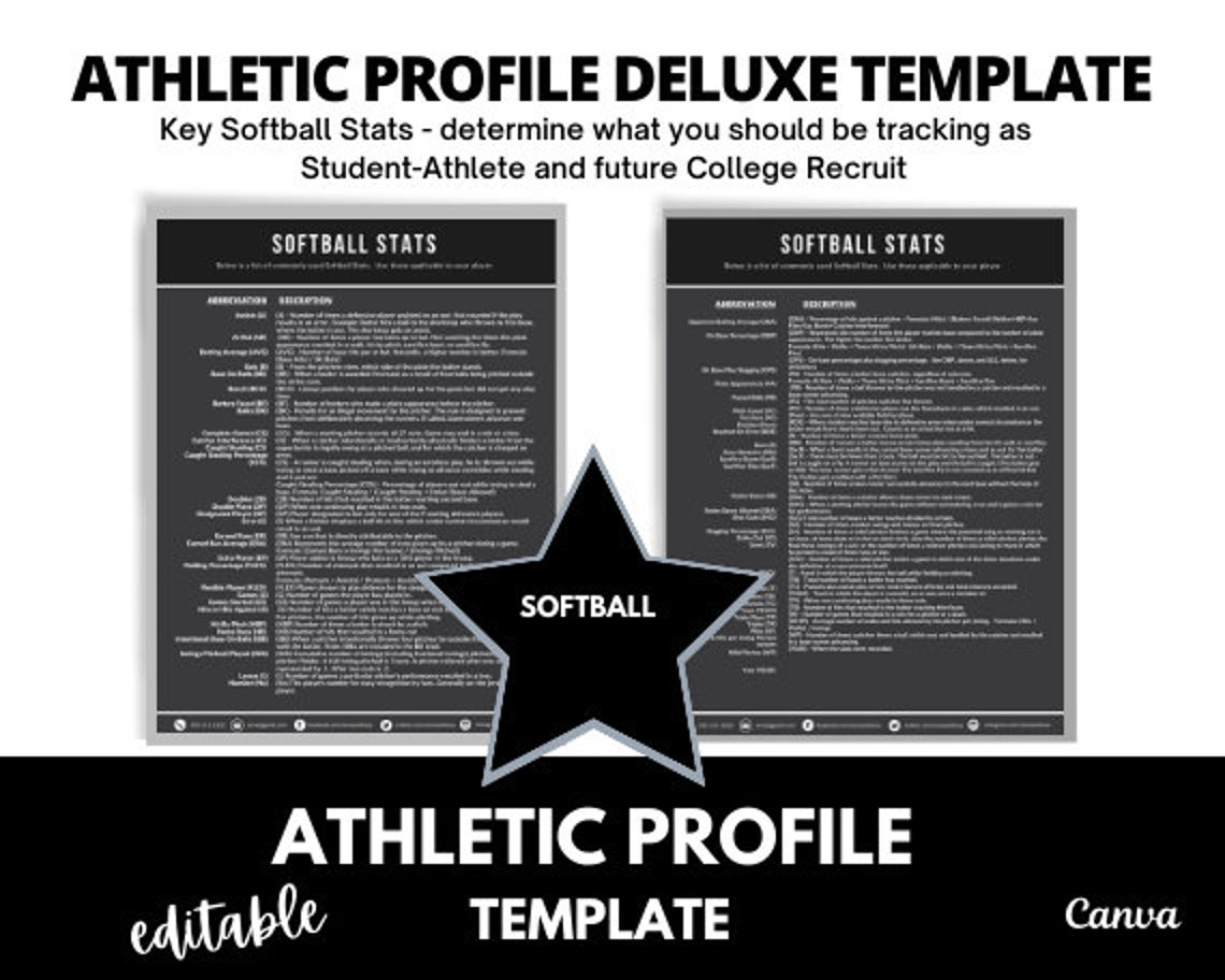 Softball Athletic Profile 1 Page Template Black Editable - Etsy